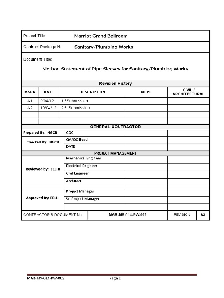 MS For Installation of Pipe Sleeves For Sanitary & Plumbing Works ...