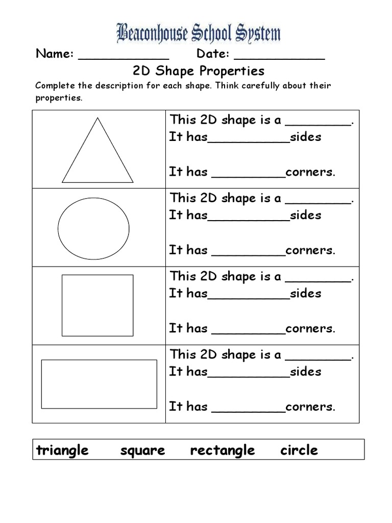 2D Shapes Properties Worksheet | PDF
