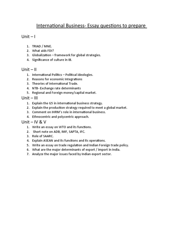 International Business-Essay Questions To Prepare: Unit - I | PDF