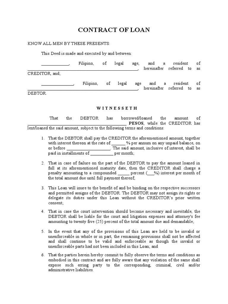 Contract of Loan: Witnesseth | PDF | Debtor | Loans