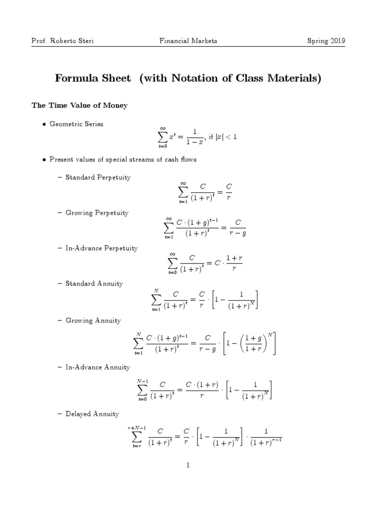 Formula Sheet (With Notation of Class Materials) | PDF | Bond Duration ...