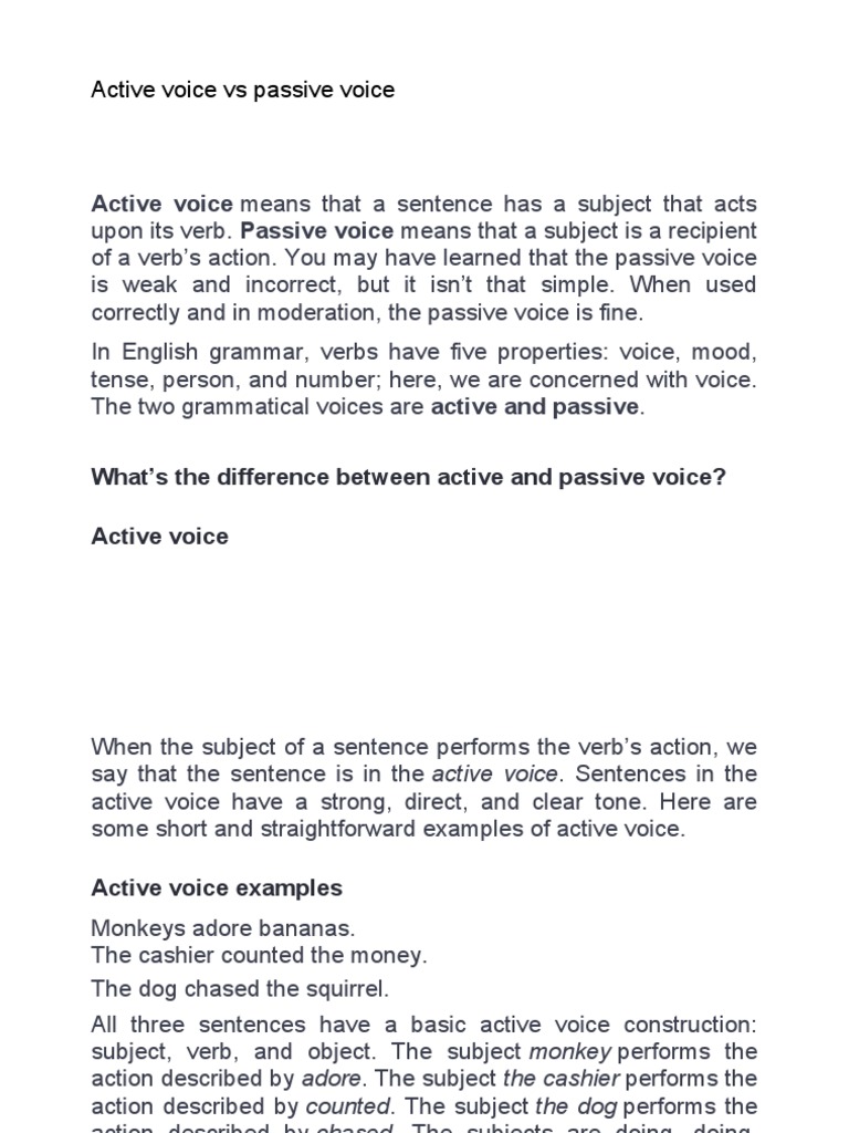 Active Voice Vs Passive Voice | PDF | Verb | Subject (Grammar)