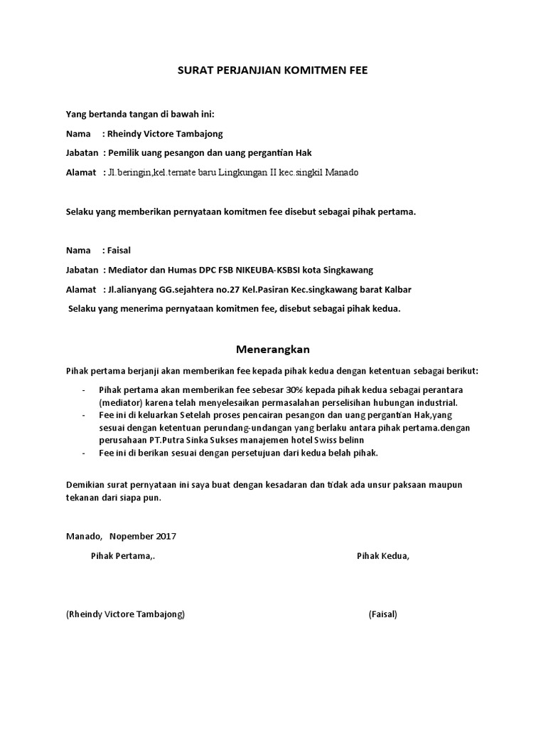 Surat Perjanjian Komitmen Fee | PDF