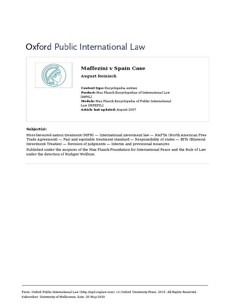 Maffezini V Spain Case: August Reinisch | PDF | Most Favoured Nation ...