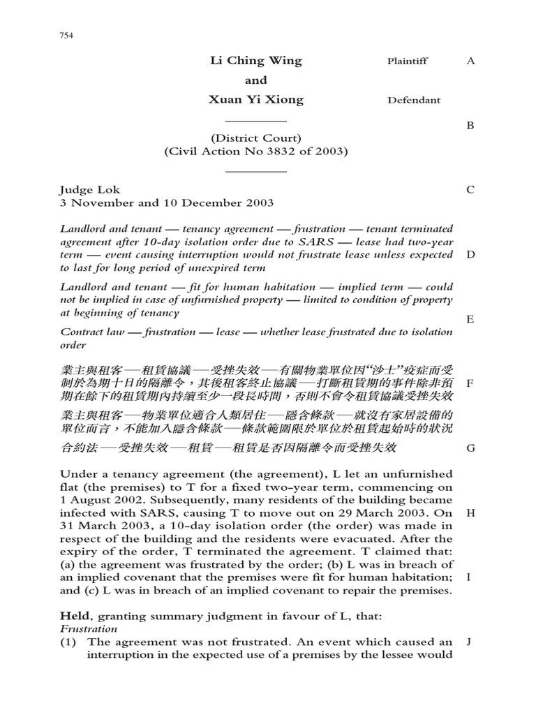 Li Ching Wing v. Xuan Yi Xiong | PDF | Leasehold Estate | Landlord