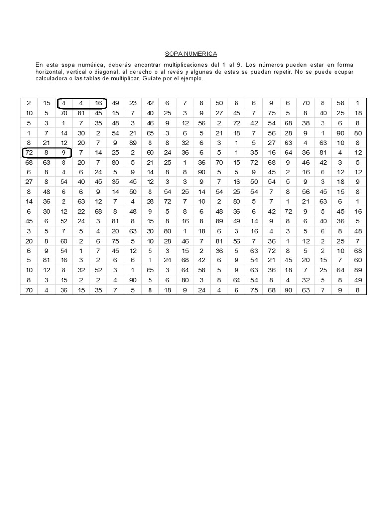 IMPRIMIR 1U - 2obj - Calculo Mental Multiplicacion (Sopa Numeros) | PDF