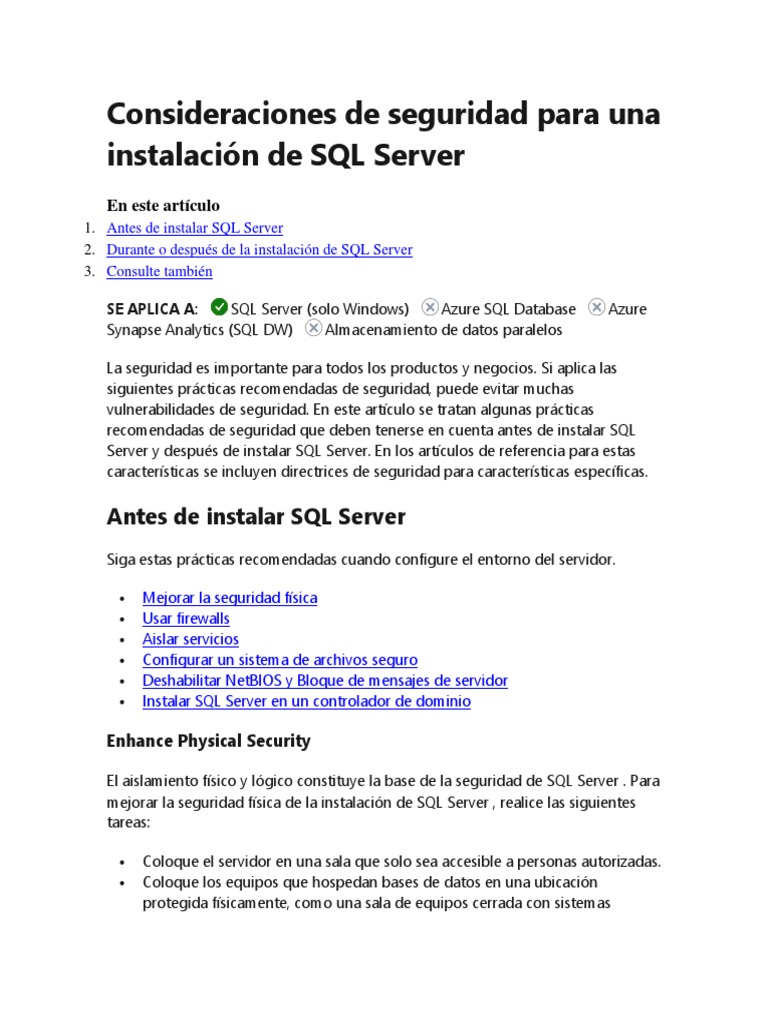 Consideraciones de Seguridad para Una Instalación de SQL Server | PDF | Cortafuegos (informática ...