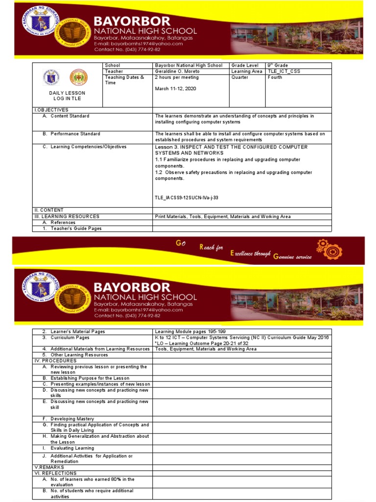 Daily Lesson Log in Tle I.Objectives: Lesson 3. Inspect and Test The ...