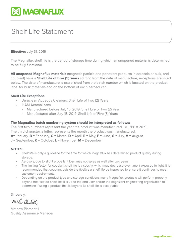 Magnaflux Shelf-Life-Statement English | PDF