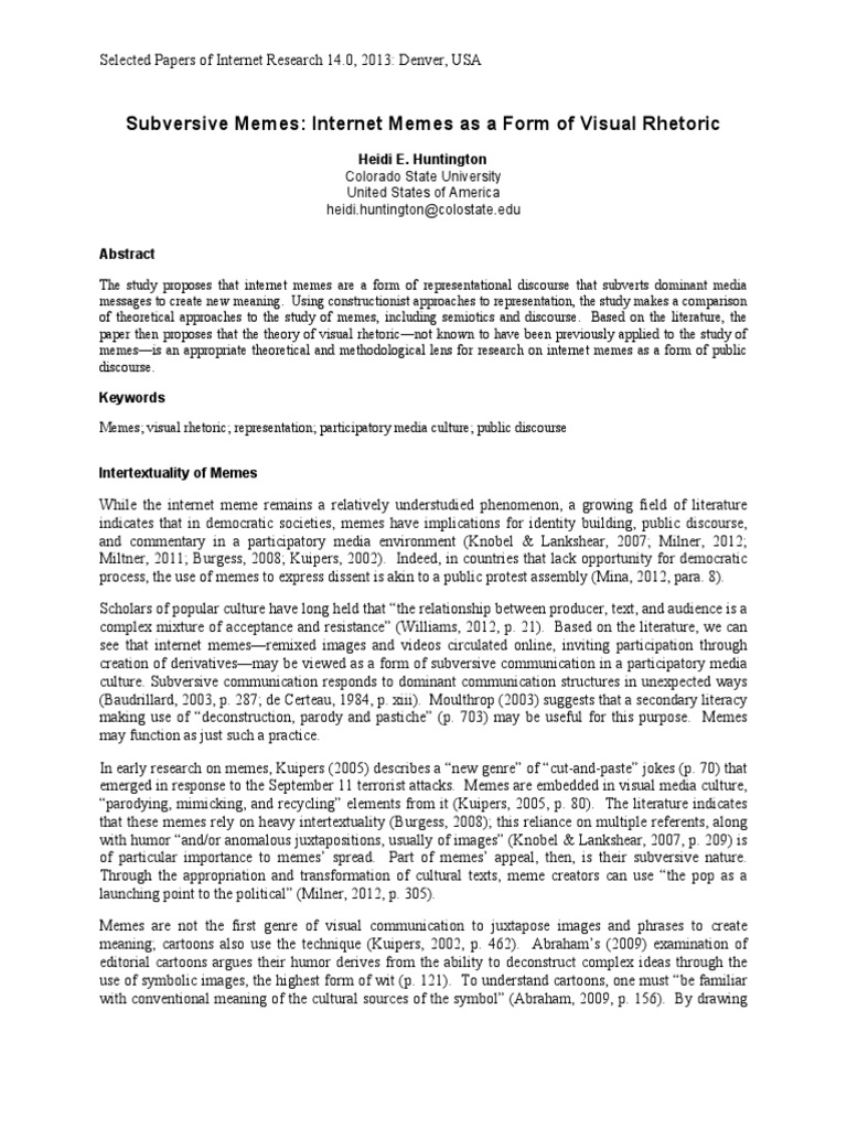 Subversive Memes: Internet Memes As A Form of Visual Rhetoric | PDF ...