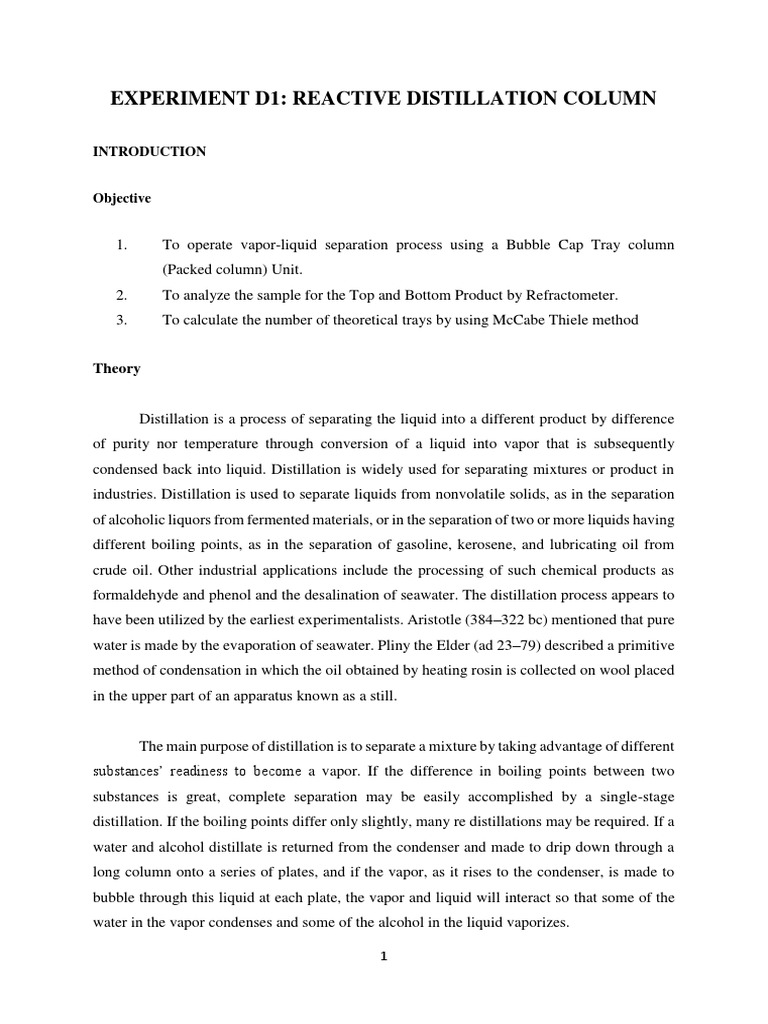 Experiment D1 - Distillation Column | PDF | Distillation | Chemical ...