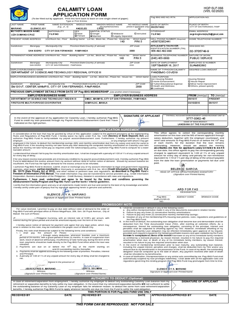 SLF066 Calamity Loan Application Form - V05 | PDF | Loans | Amortization (Business)