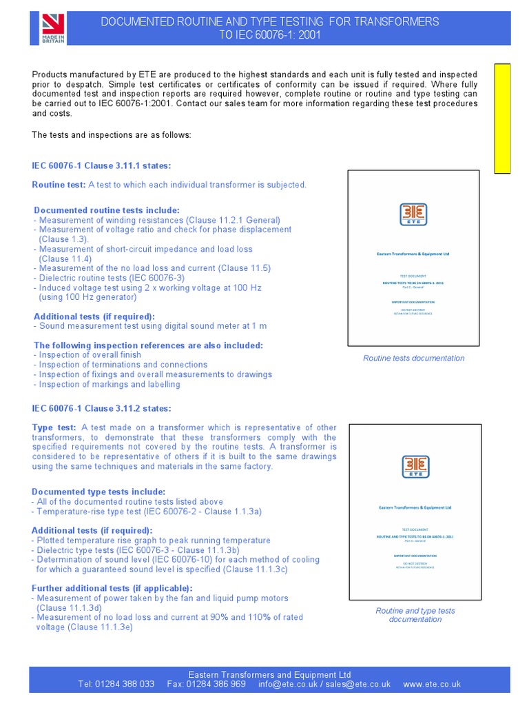 Documented Routine and Type Testing For Transformers To IEC 60076 1 PDF ...