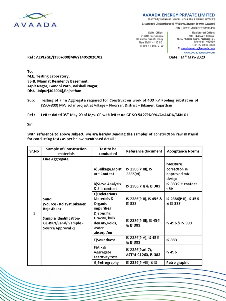 Letter To Lab For Testing Fine Aggregate | PDF | Nature
