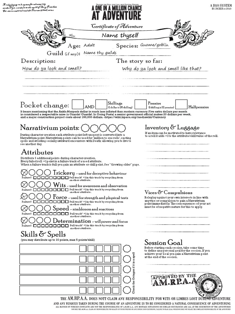 A One in A Million Chance at Adventure - Character Sheet - Form PDF ...