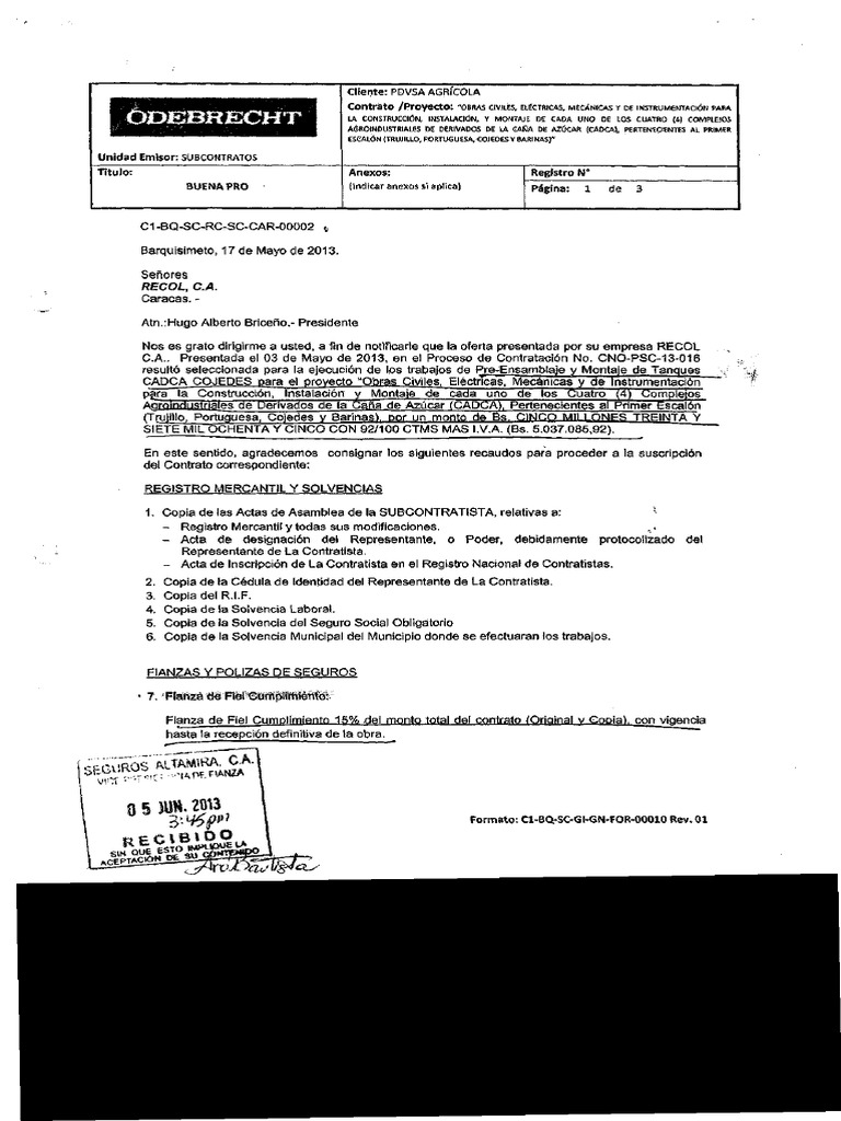 Contrato de Recol C A | PDF | Póliza de seguros | Derecho privado