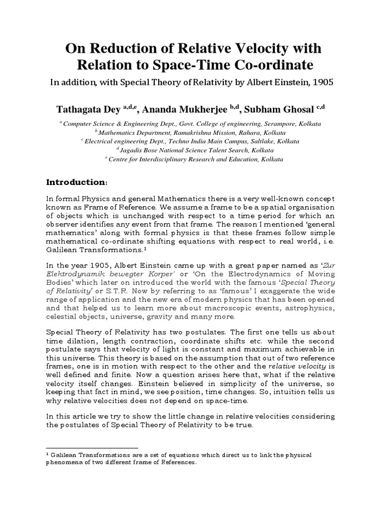 On Reduction of Relative Velocity With Relation To Space-Time Co ...