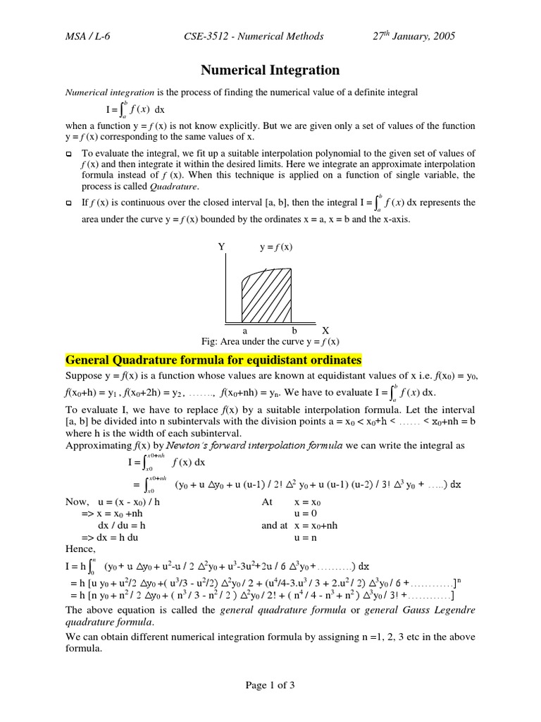 Numerical Integration: Msa / L-6 Cse-3512 - Numerical Methods 27 January, 2005 | PDF | Integral ...