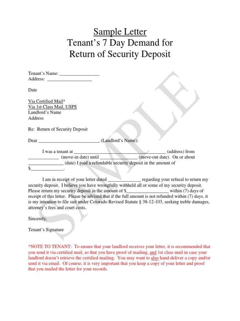 Main - Sample Tenant S 7 Day Demand Letter Template Return Security Deposit