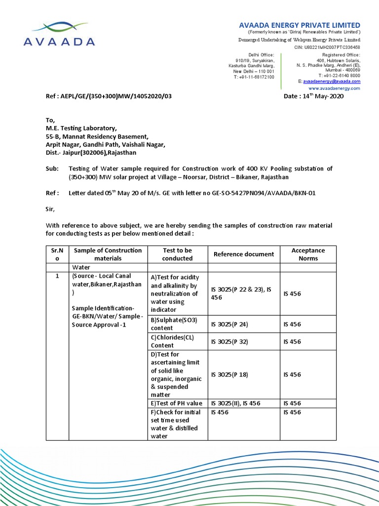 Letter To Lab For Testing Water Sample | PDF | Chemistry | Nature
