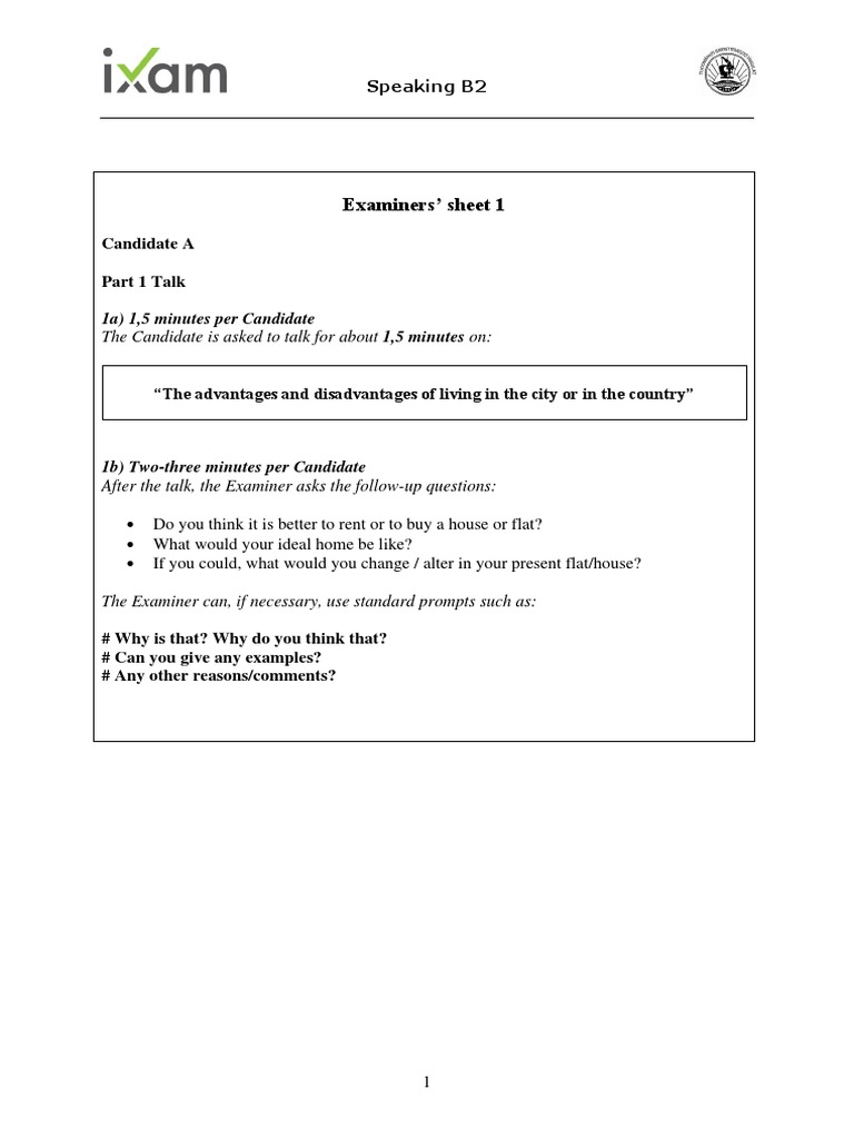 Examiners' Sheet 1: Speaking B2 | PDF | Test (Assessment) | Cognition