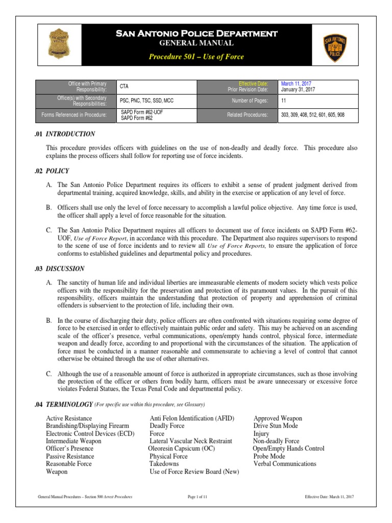 SAPD Use of Force Guidelines | PDF | Deadly Force | Use Of Force