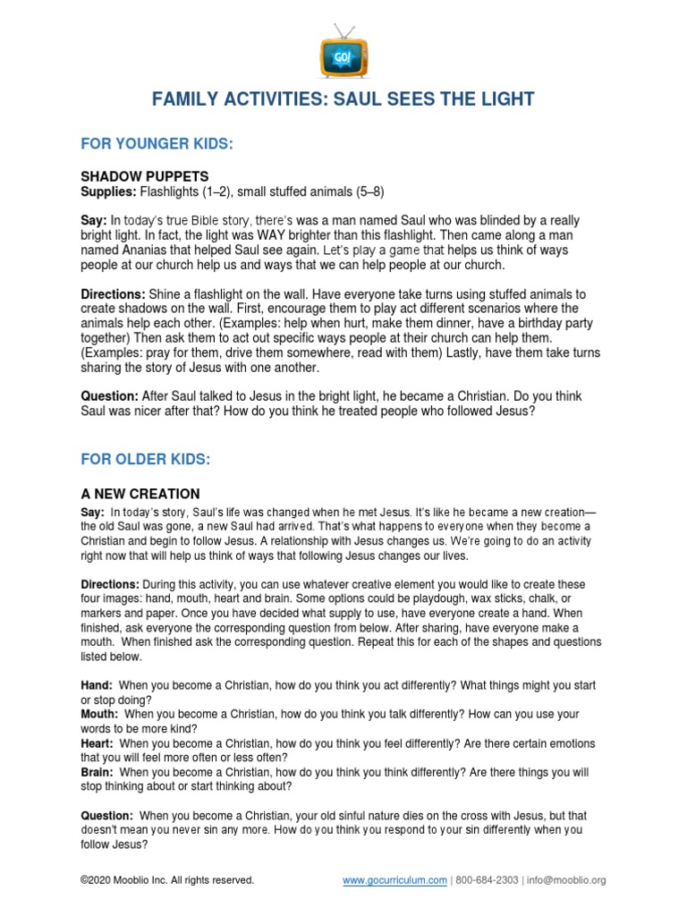 Family Activities - Saul Sees The Light | PDF | Paul The Apostle | Jesus