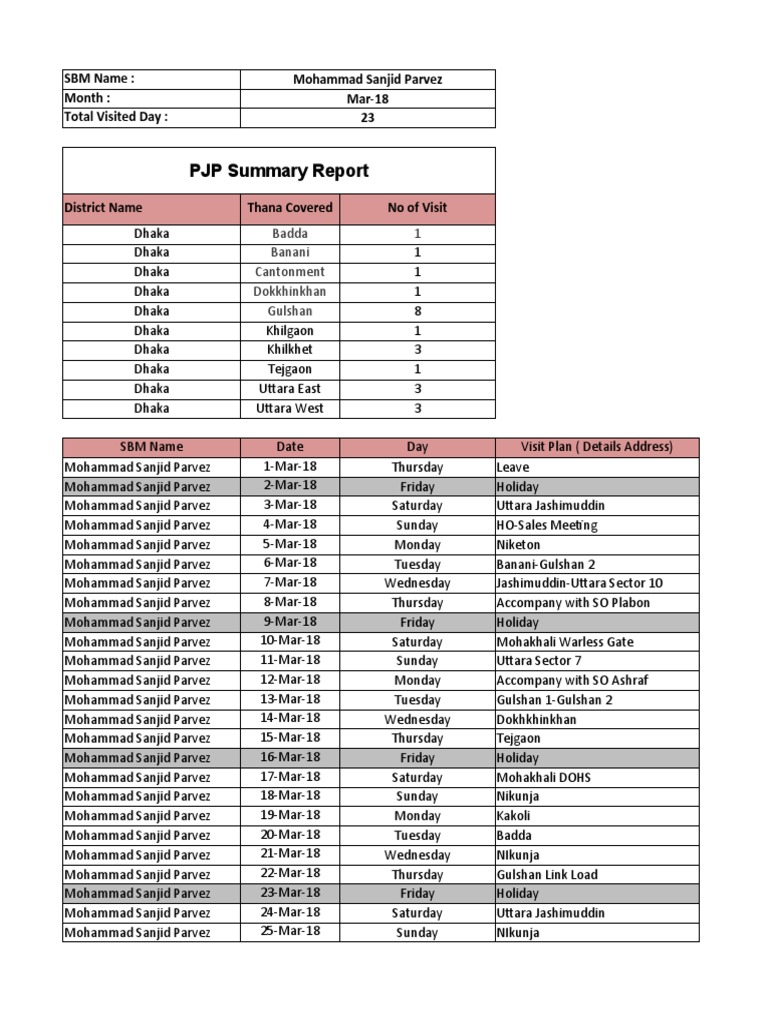 PJP Summary Report: SBM Name: Mohammad Sanjid Parvez Month: Mar-18 Total Visited Day: 23 | PDF