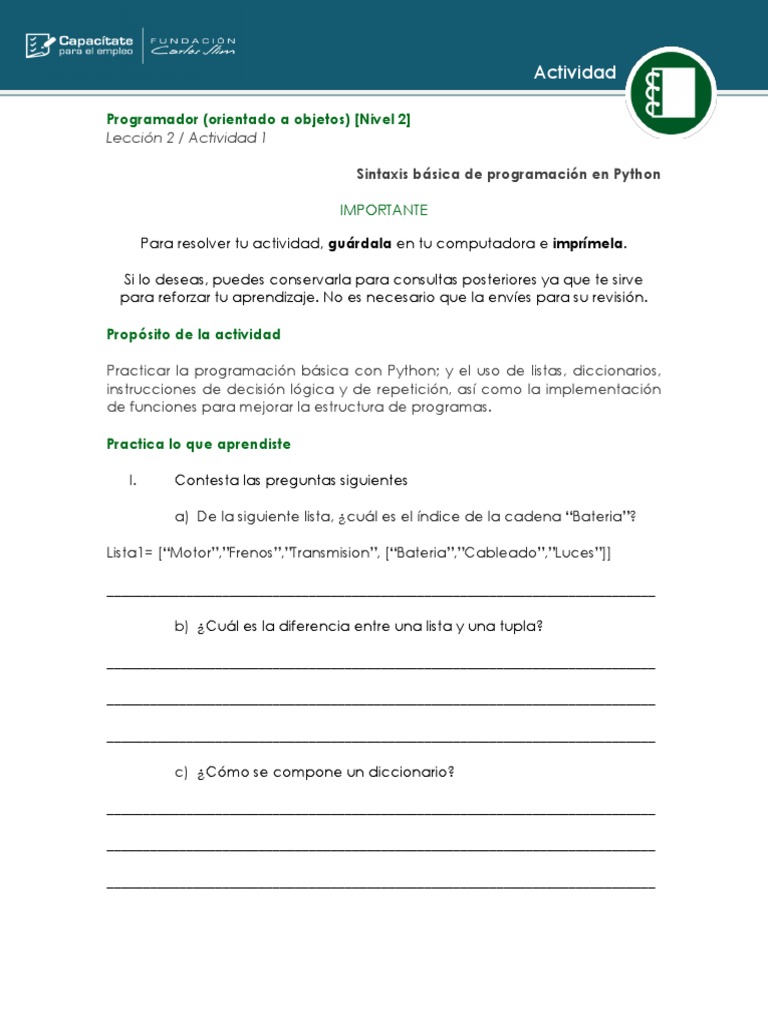 Programación básica en Python: Práctica de listas, diccionarios, funciones y ciclos | PDF ...