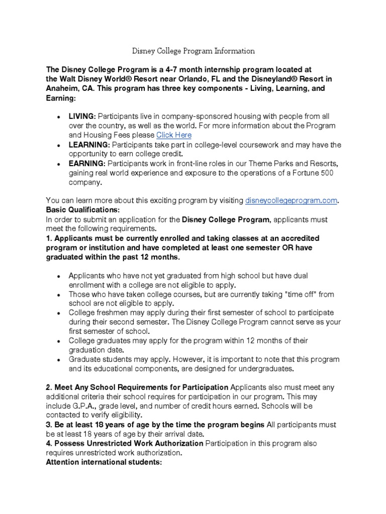 Disney College Program Requirements | PDF | Academia | Educational Stages