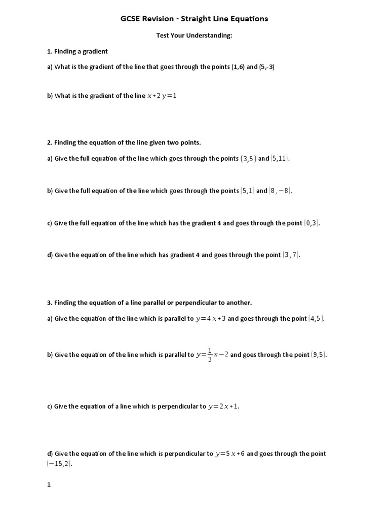GCSE Revision - Straight Line Equations: Test Your Understanding: 1 ...