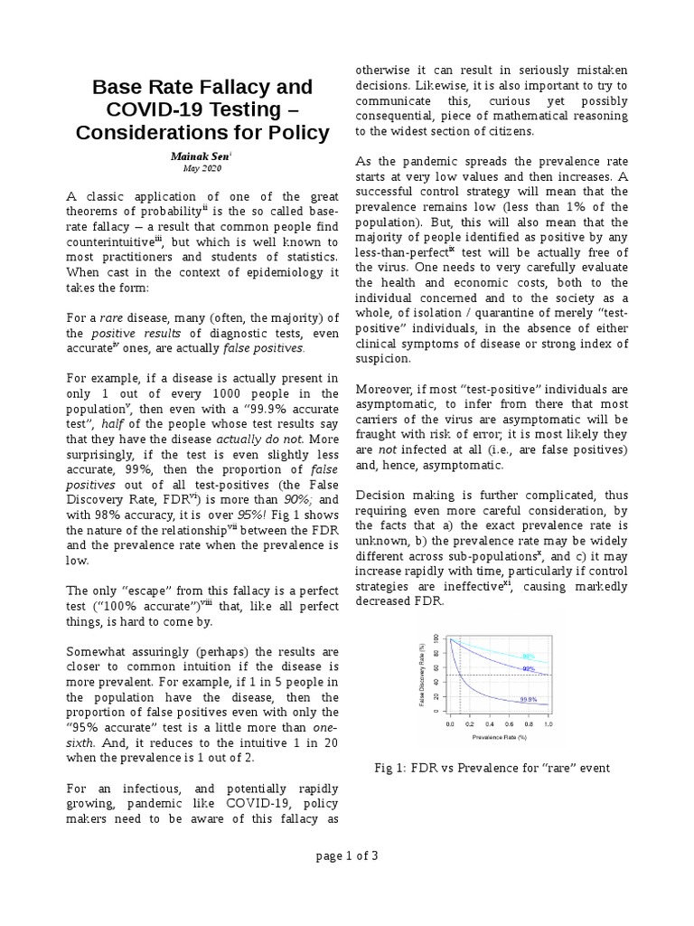 Base Rate Fallacy and COVID-19 Testing - Considerations For Policy | PDF