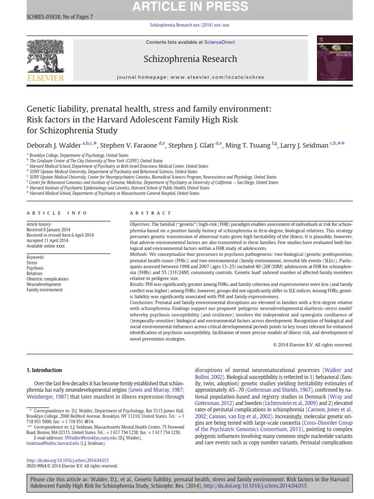 Schizophrenia Research: Deborah J. Walder, Stephen V. Faraone, Stephen ...