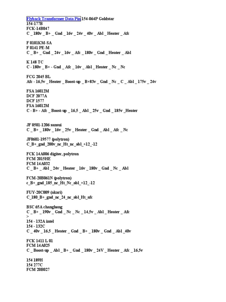 Flyback Transformer Data Pin 154 | PDF | Technology & Engineering
