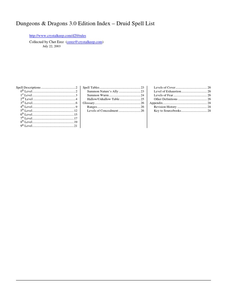 DnD3.0Index Spells Druid | PDF | Nature