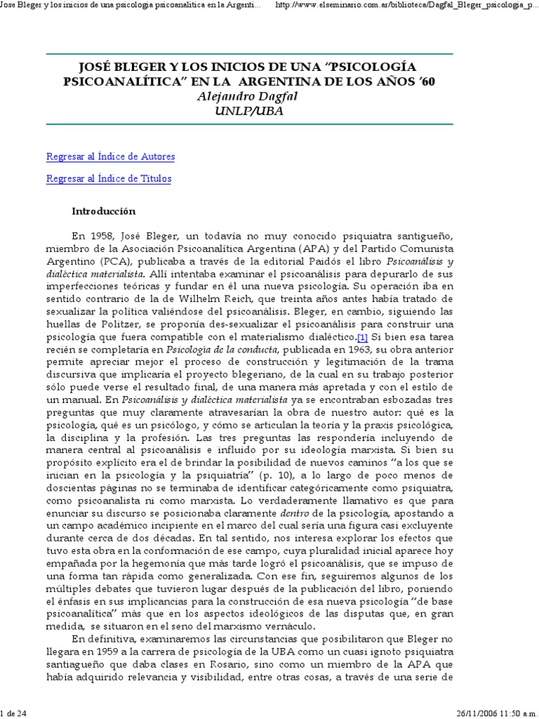 José Bleger y la psicología psicoanalítica en Argentina | PDF ...