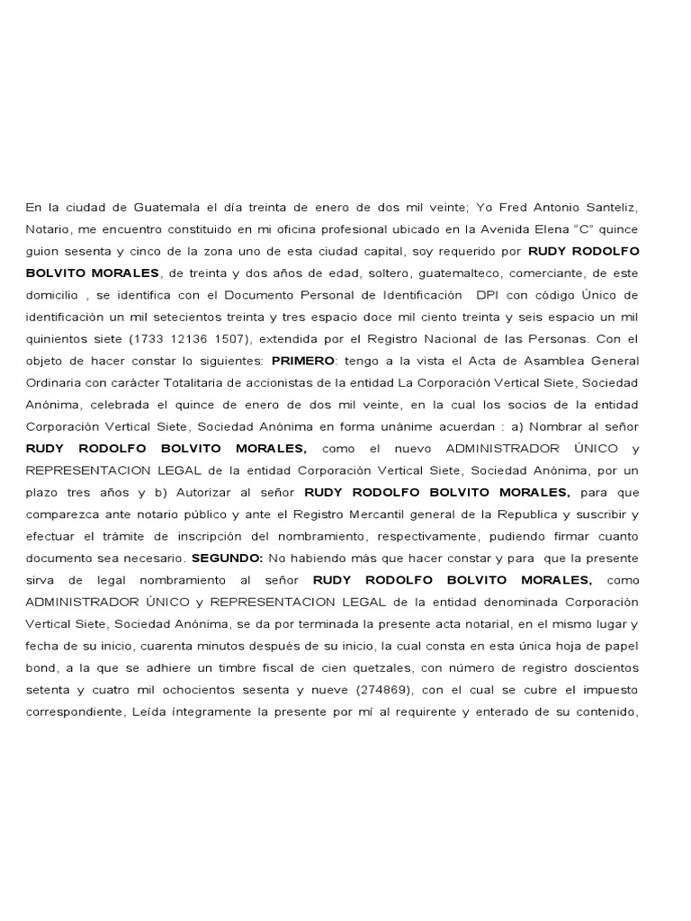 Acta Notarial de Nombramiento de Representacion de Admon Unico ...