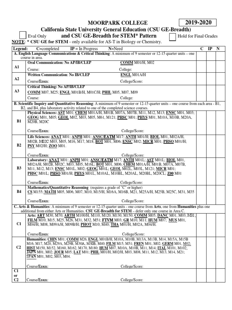 Moorpark College California State University General Education (CSU GE ...
