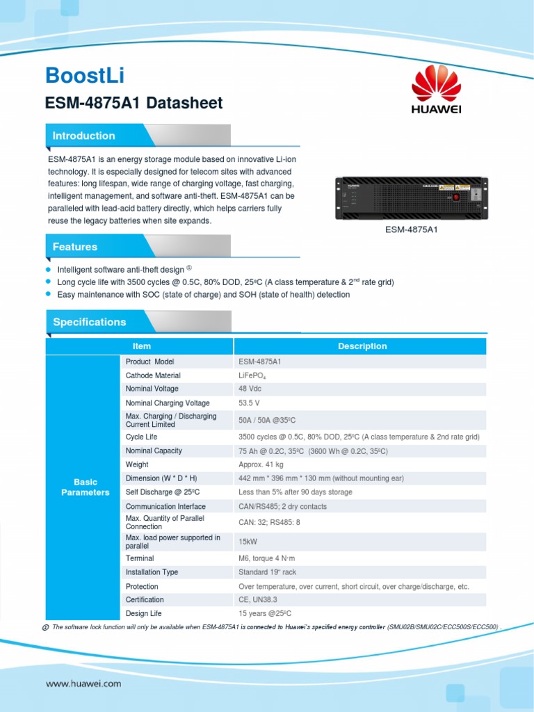 Huawei BoostLi ESM-4875A1 Datasheet For CA Claro | PDF | Electricity ...