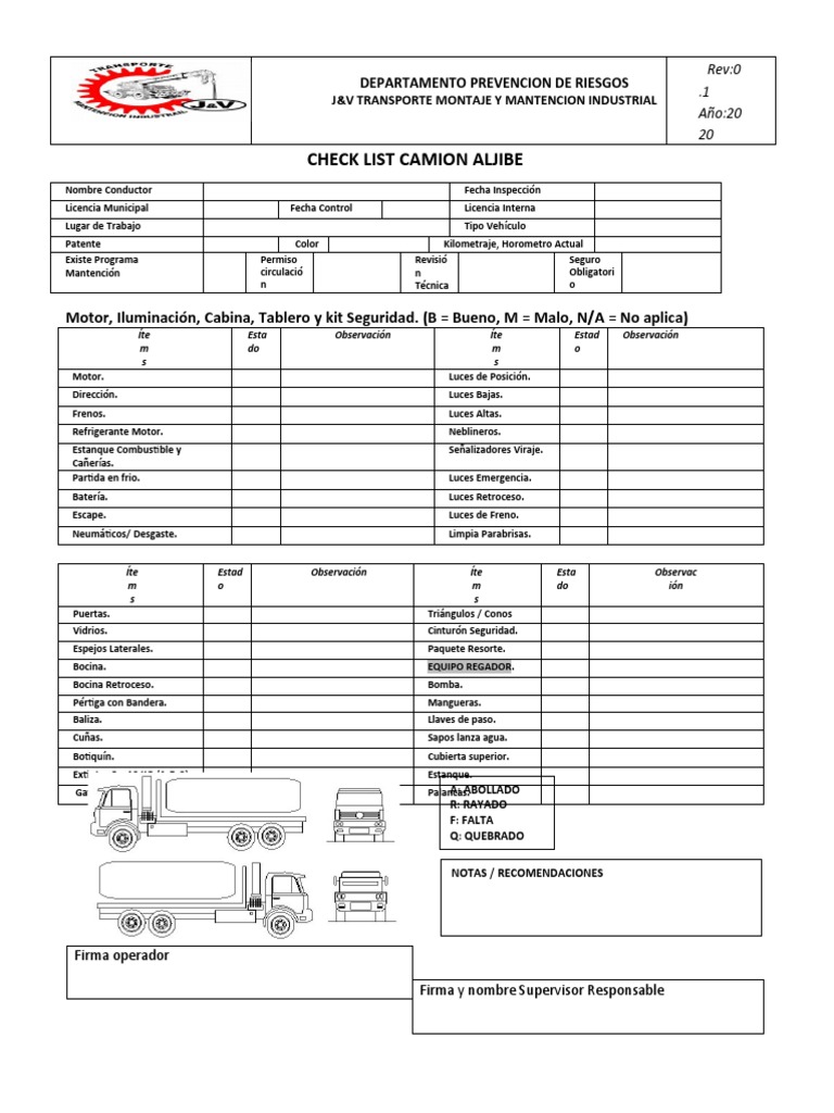 Check List Camion Aljibe: Motor, Iluminación, Cabina, Tablero y kit ...