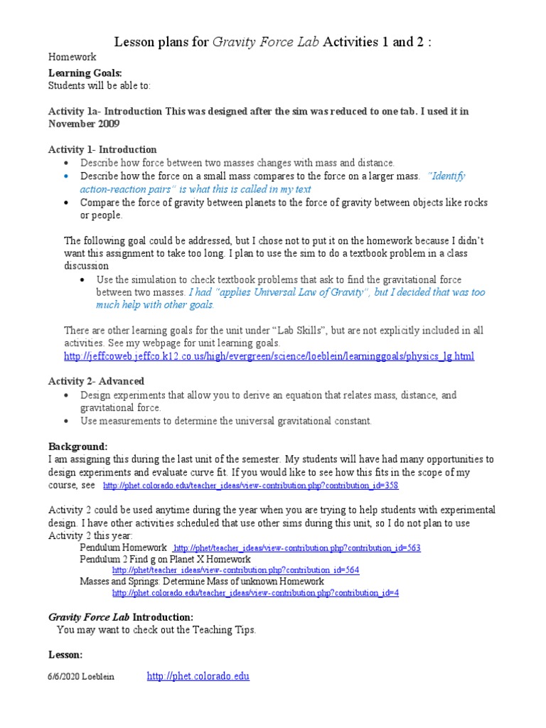 Lesson Plan Gravity Lab | PDF | Gravity | Mass
