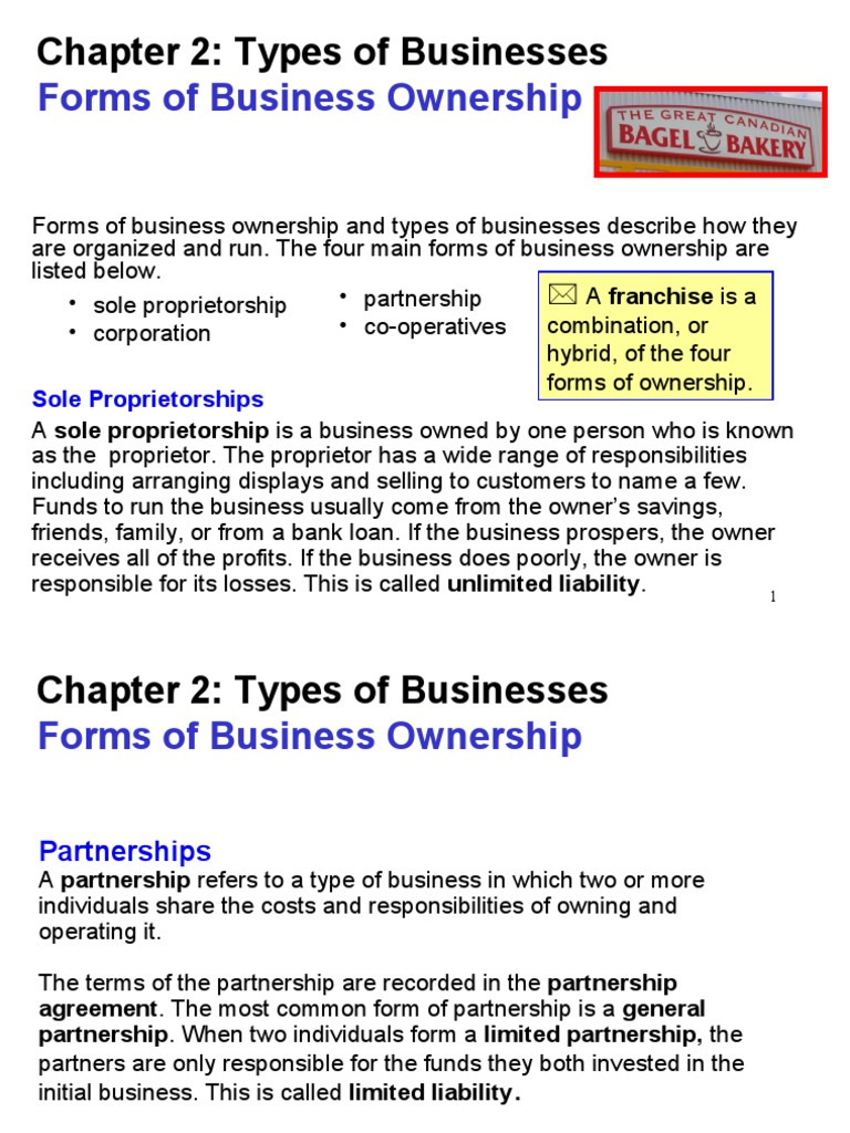 Forms of Business Ownership: Chapter 2: Types of Businesses | PDF ...