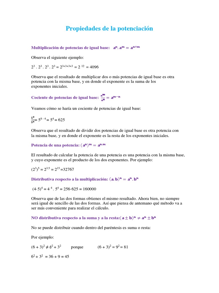 Propiedades de La 'Potenciación | PDF | Exponenciación | Multiplicación