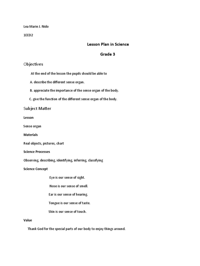 Lea Nido Lesson Plan | PDF | Helen Keller | Senses