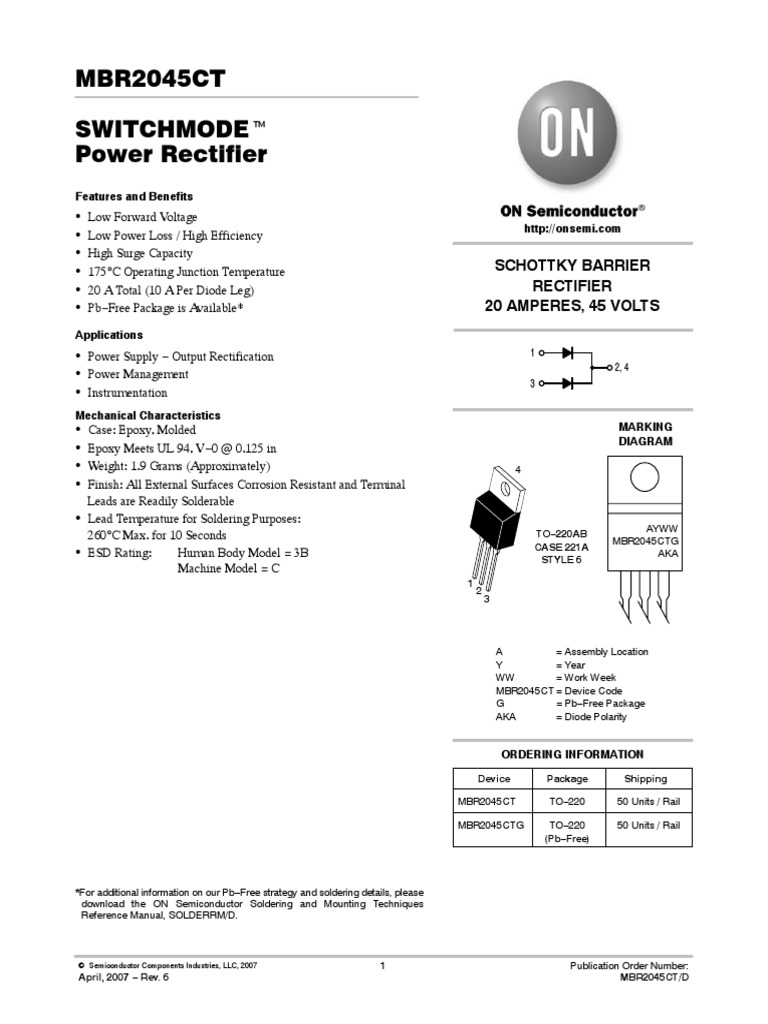 Datasheet MBR2045CT | PDF | Rectifier | Diode