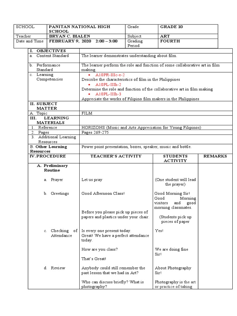 4TH Co Lesson Plan Film | PDF | Cinematography