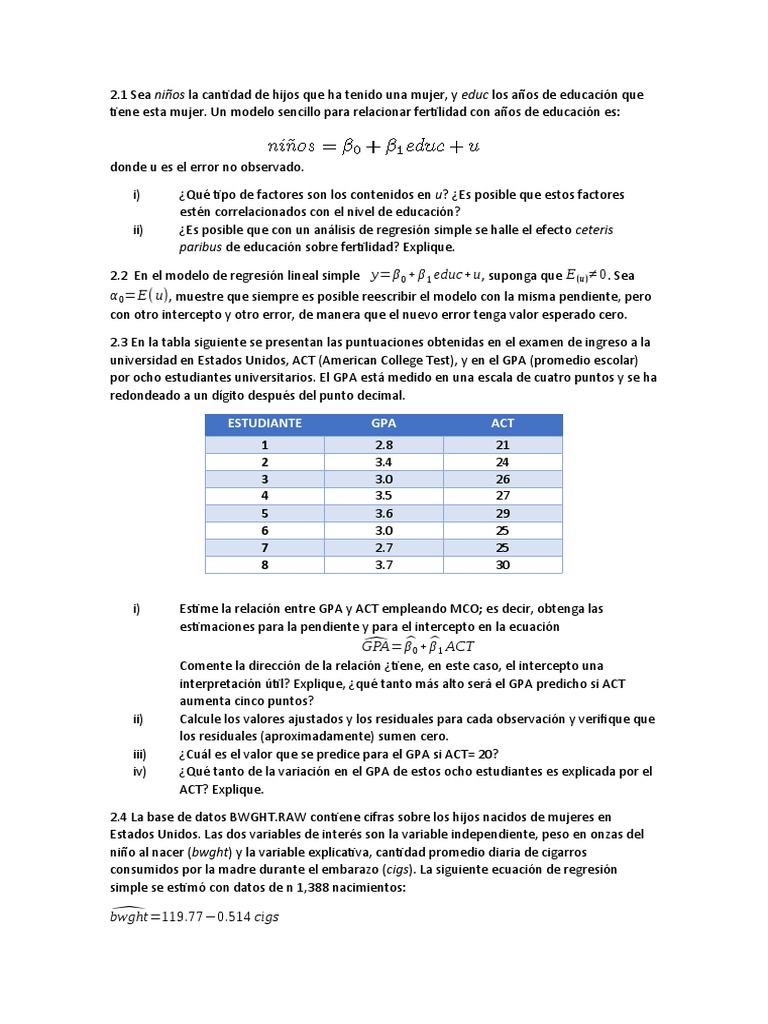 Ejercicios de Econometría | PDF | Mínimos cuadrados ordinarios | Análisis de regresión