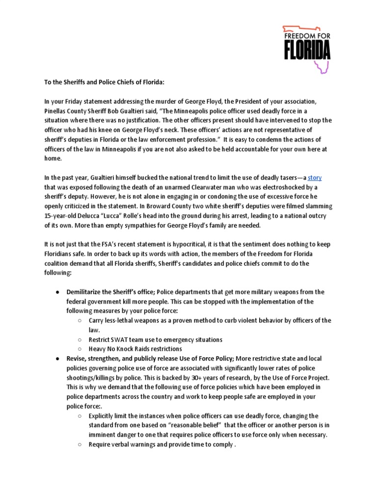 Freedom For Florida Sheriffs Letter | PDF | Use Of Force | Police