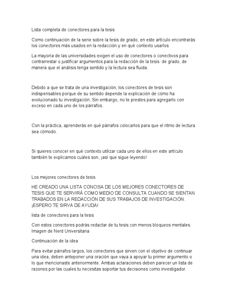 Lista Completa de Conectores para La Tesis | PDF | Razón | Conceptos ...