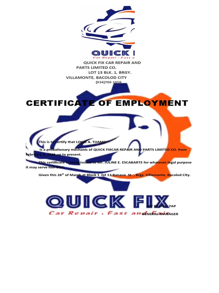 Certificate of Employment: Quick Fix Car Repair and Parts Limited Co ...